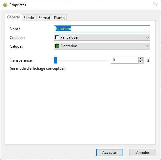 Boîte de dialogue propriétés d’un objet | Lands Design help